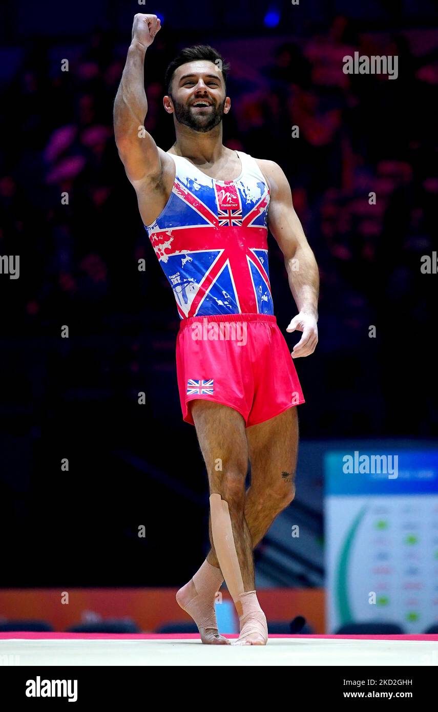 Great Britain's Giarnni Regini-Moran reacts after competing in the Men's Final of the floor ...