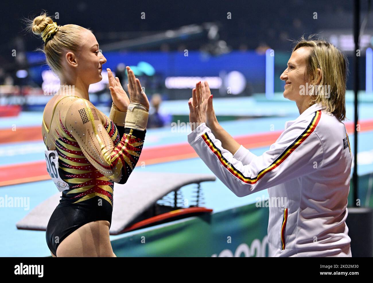 Belgian Lisa Vaelen and Belgian gymnastic coach Marjorie Heuls pictured ...