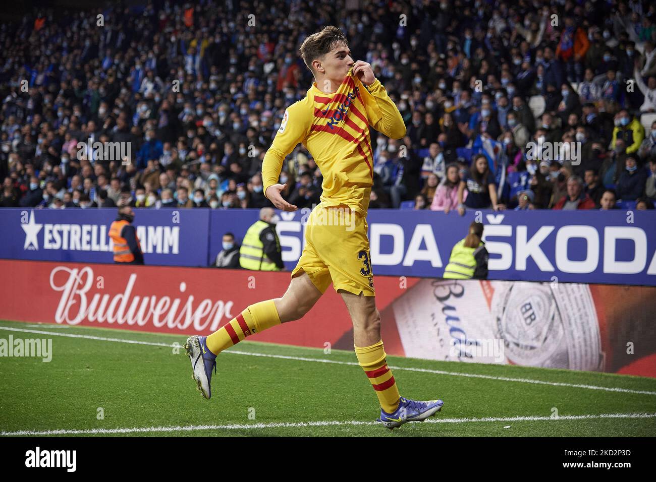 Gavi of Barcelona celebrates after scoring his sides first goal during ...