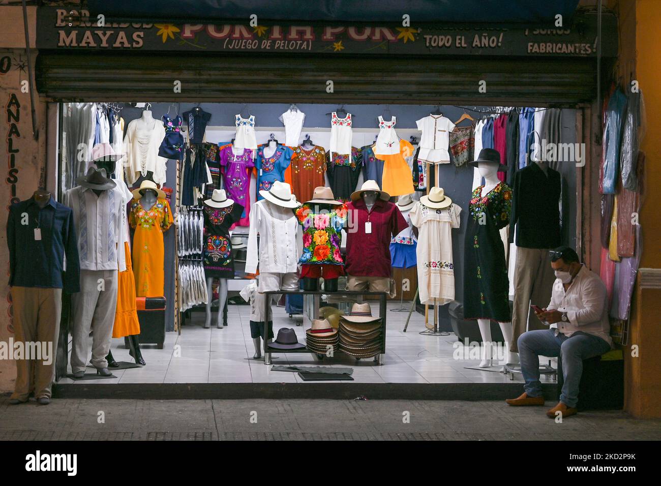 Shop with traditional clothes and souvenirs seen in Merida city center ...