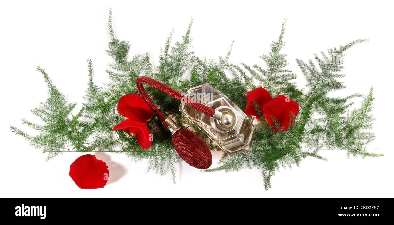 Cristmas Decoration Banner with Perfume Bootle and Rose Petals Panorama ...