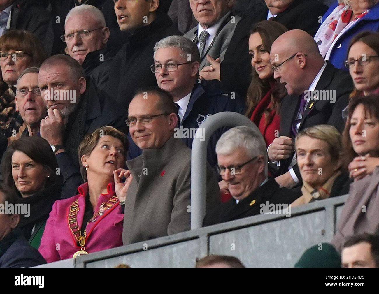 President of the Rugby Football League Clare Balding (in pink) speaks ...
