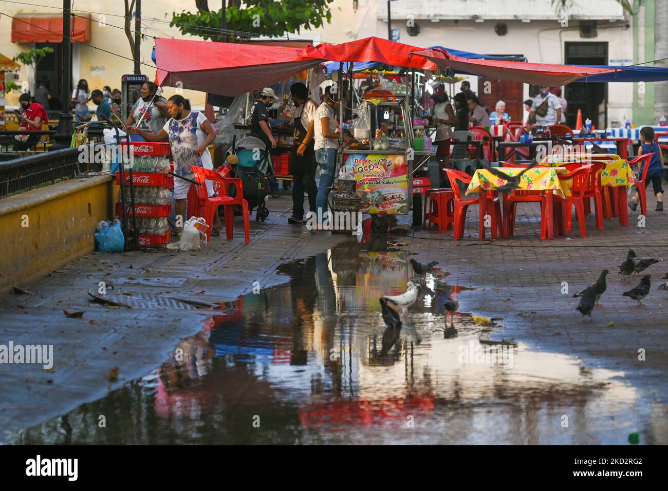 Street stands with a traditional streert food seen in Merida city ...