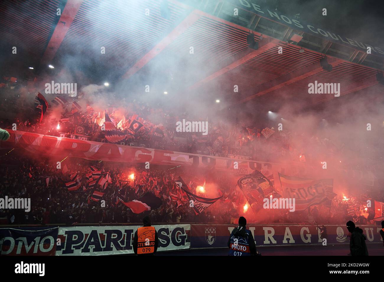 PSG supporters with flares and fireworks during the UEFA Champions ...