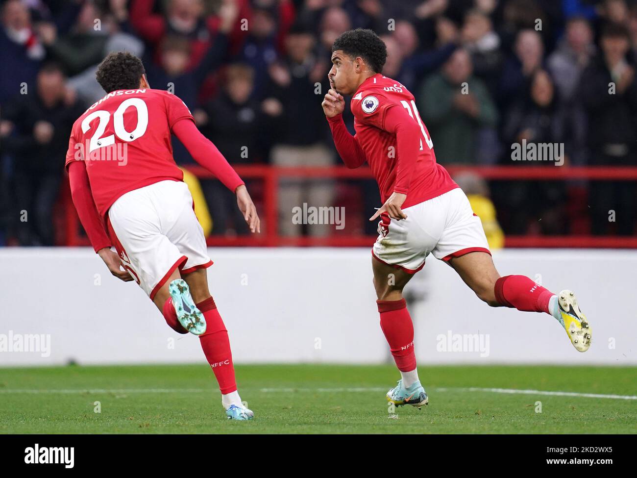 Nottingham Forest's Morgan Gibbs-White (right) celebrates scoring their ...