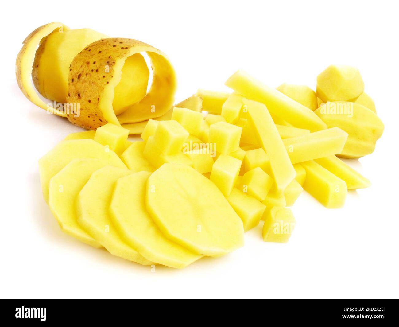 Peeled Potato in various cuts isolated on white Background - Cutting ...