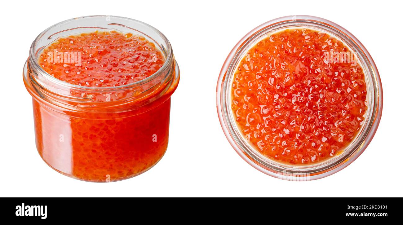 Red caviar jar isolated on white background. Raw seafood. Luxury ...