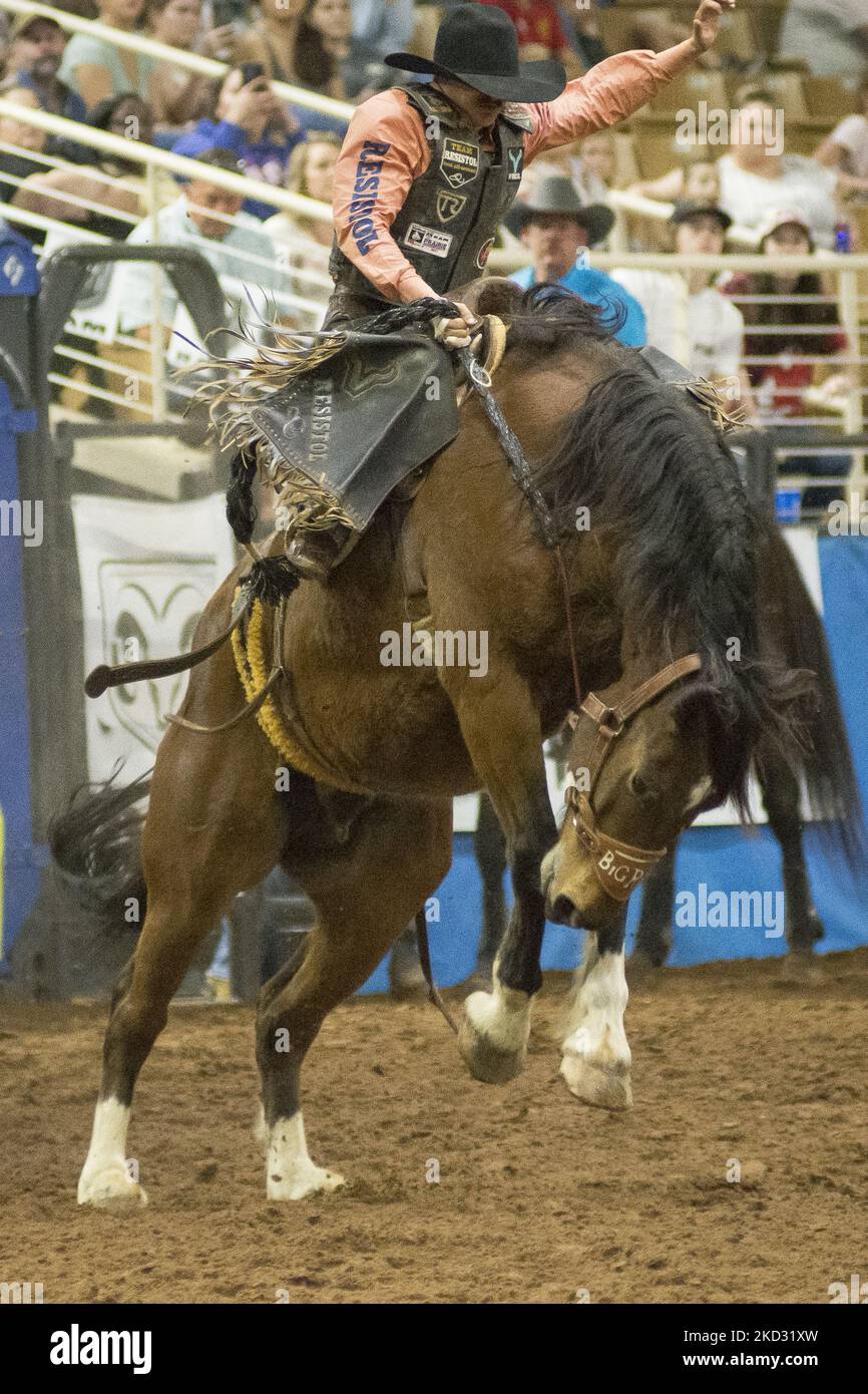 Jack Wright of Kissimmee, Florida, USA competes in the Saddle Bronc ...