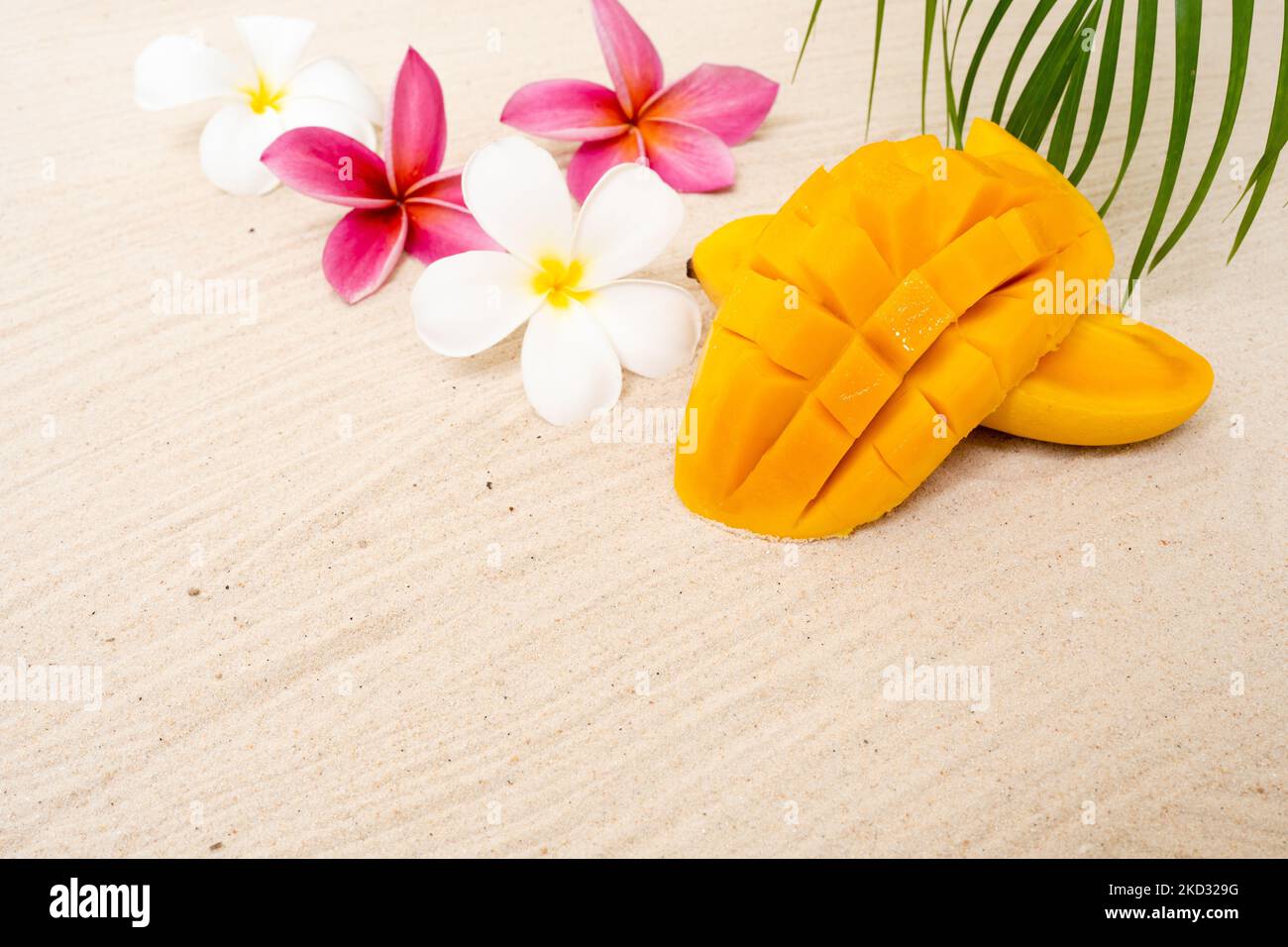 A mango with green palm leaf and plumeria flowers on a sand background ...