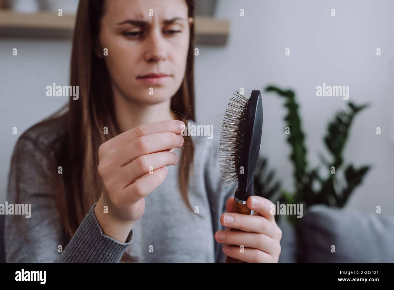 Selective Focus Of Young Girl Sitting On Sofa Brushing Hair With Hair Tool Worrying About Hair