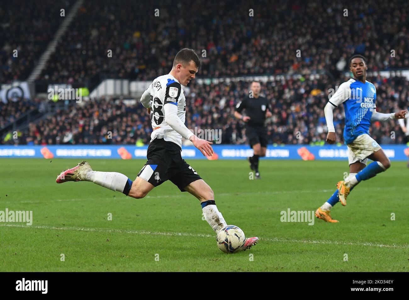 Jason Knight of Derby County lines up a cross during the Sky Bet ...