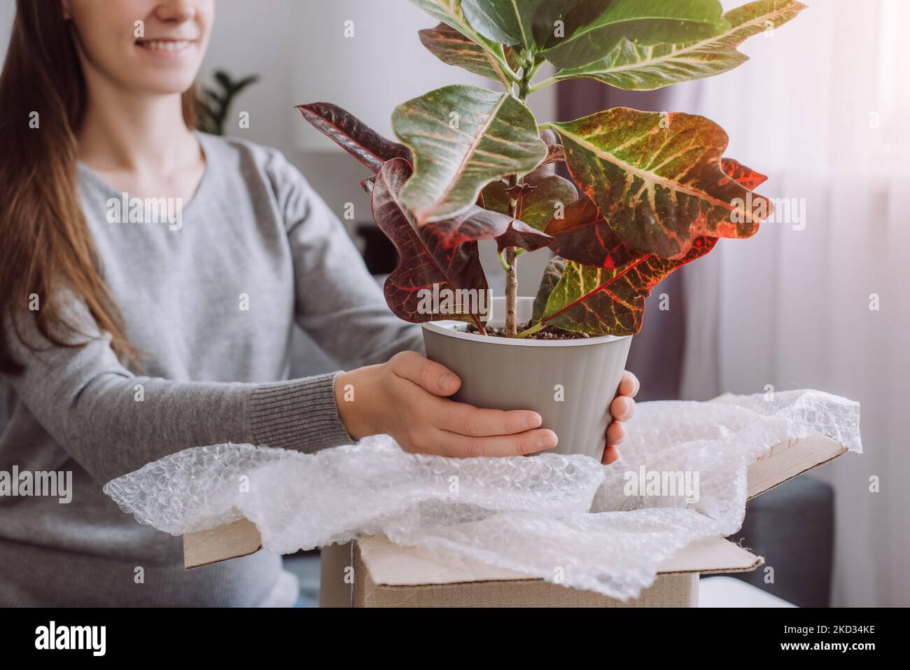 Selective focus of attractive smiling young woman unpacking green plant ...