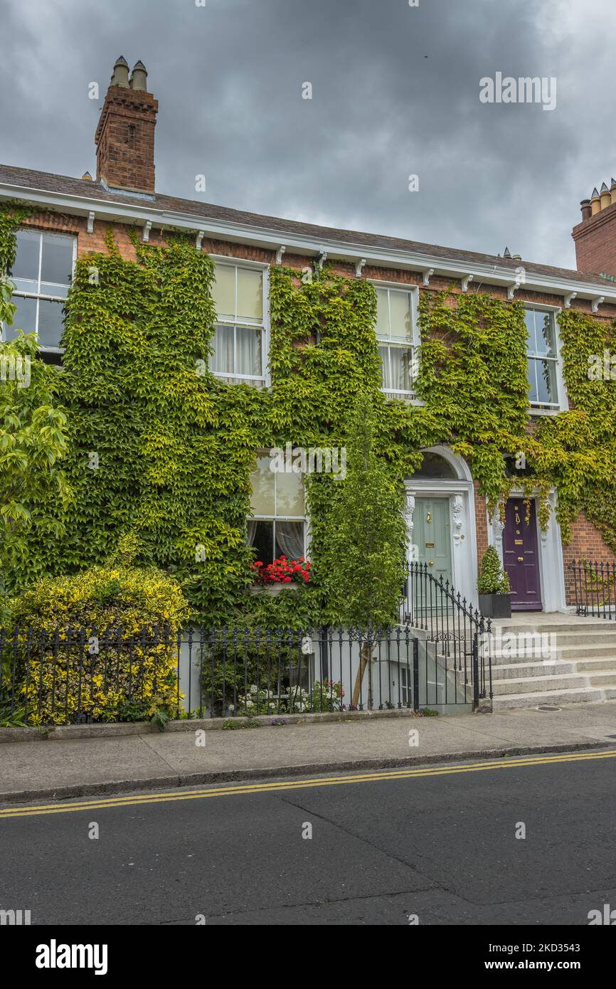 A vertical view of the residential street-side building with green ...