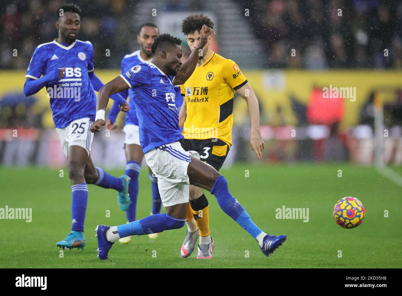 Daniel Amartey of Leicester City tackles Rayan Ait-Nouri of Wolves ...