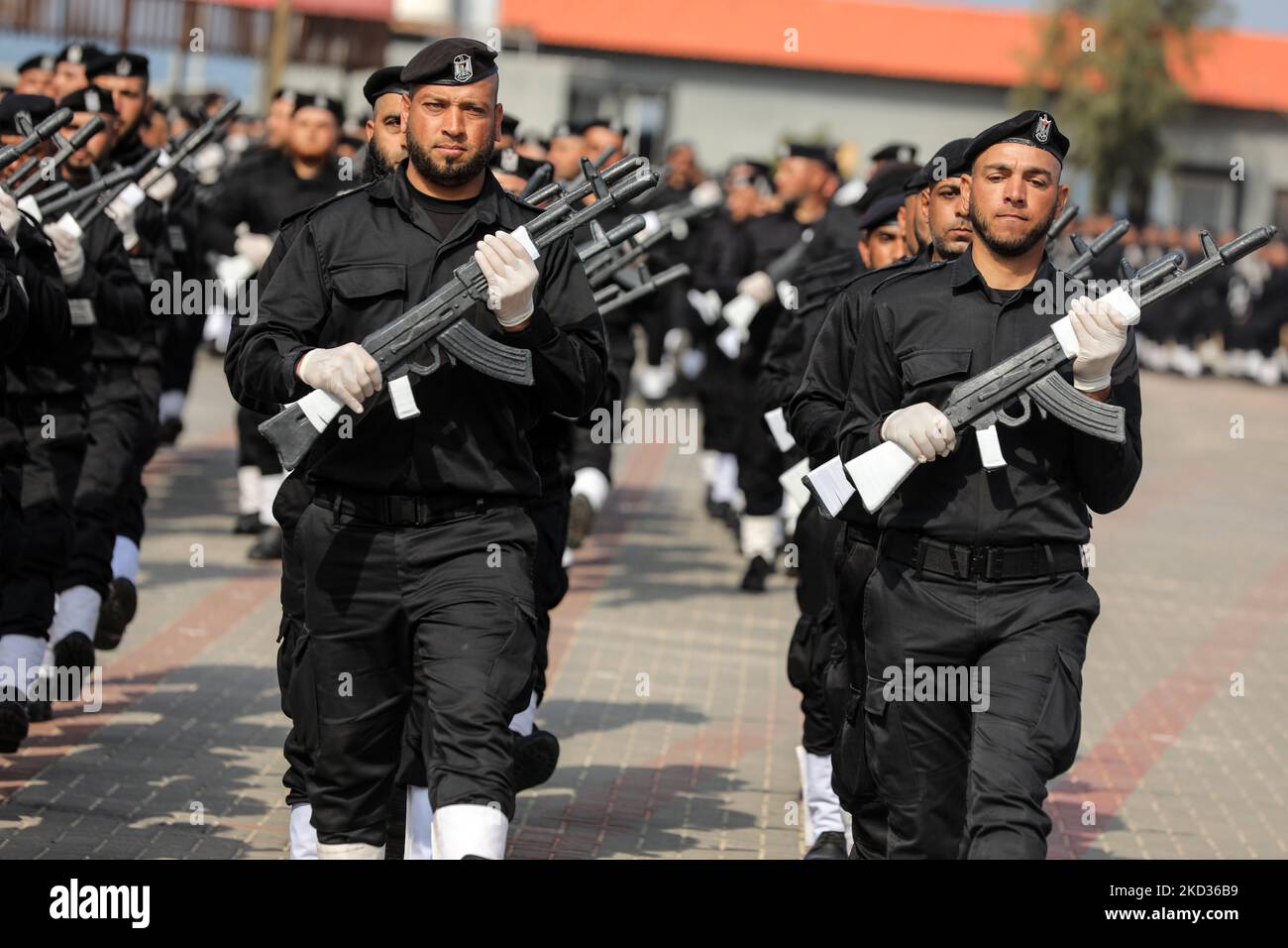 Members of the Palestinian security forces loyal to Hamas, take part in ...