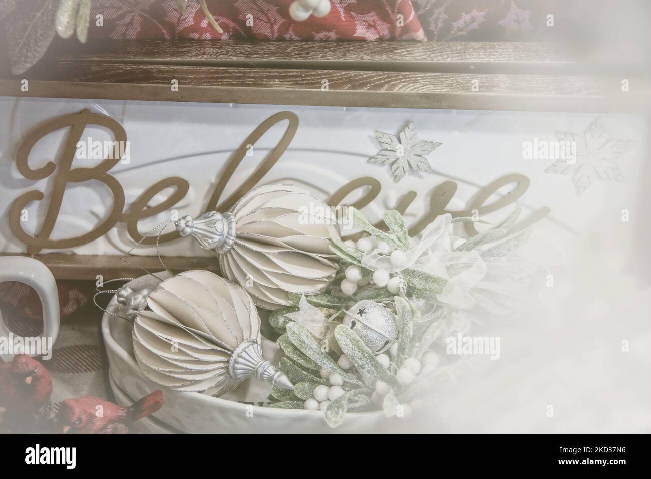 Dreamy filtered Christmas Holiday background with ornate ornaments ...