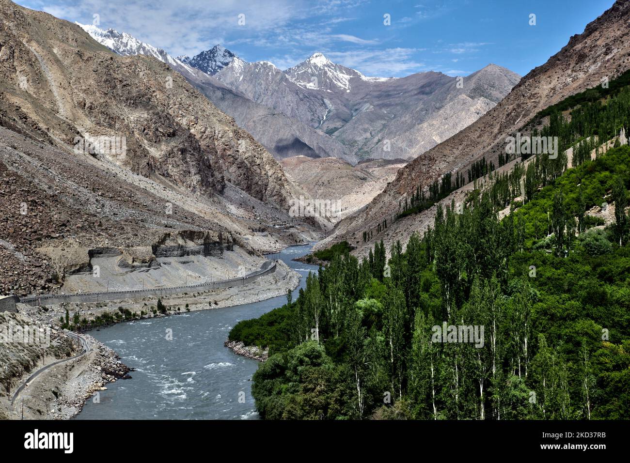 The Suru River runs through a valley deep in the mountains with green ...