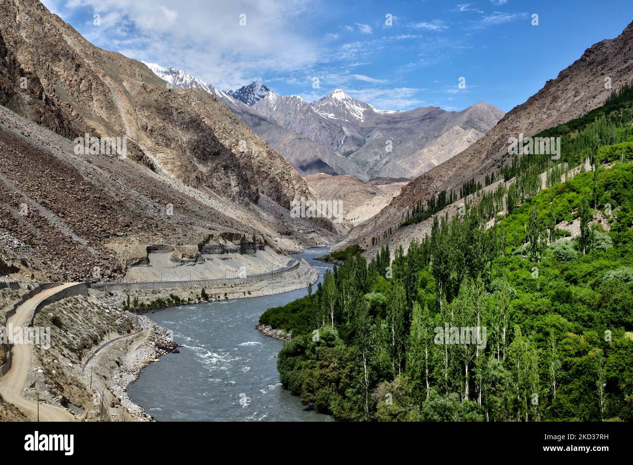 The Suru River runs through a valley deep in the mountains with green ...