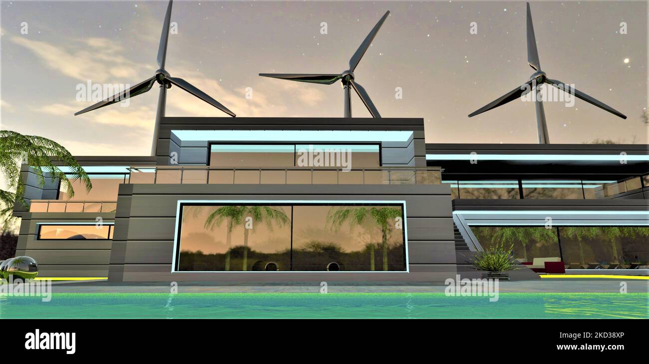 Three wind turbines with galvanized blades against the background of ...