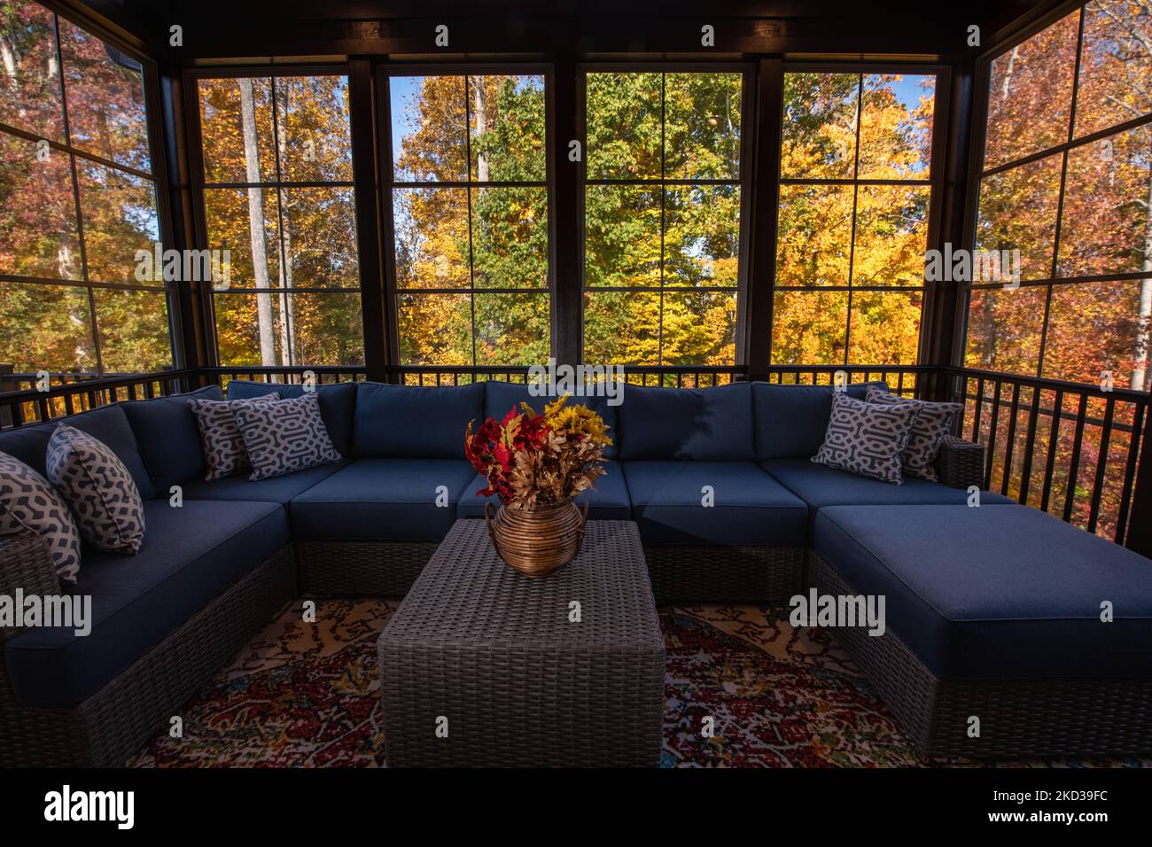 Cozy screened porch enclosure with contemporary furniture at ...