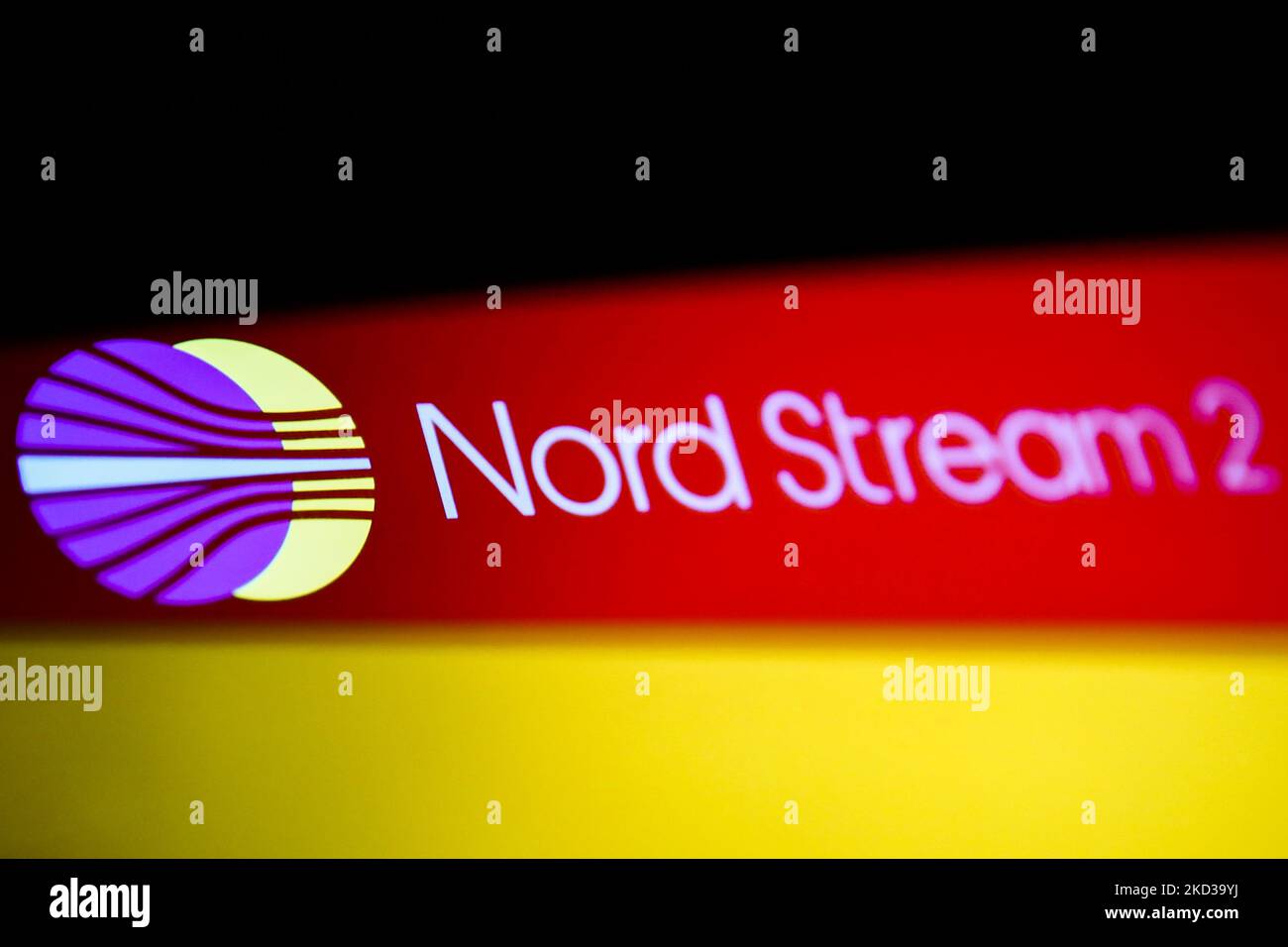Nord Stream 2 logo displayed on a phone screen and German flag ...