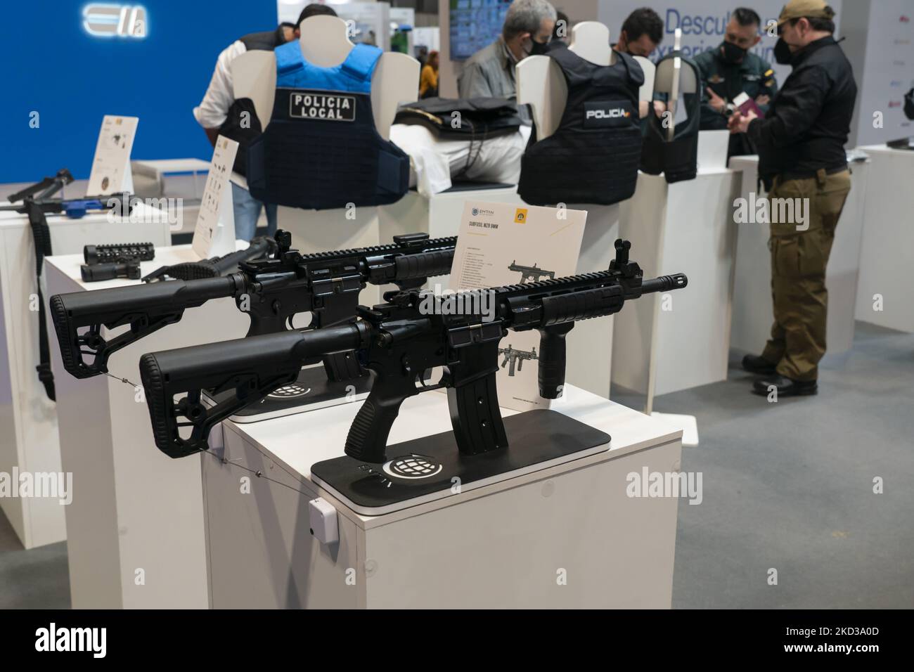 A stand with semi-automatic rifles at the SICUR 2022 International Security Show that opened ...
