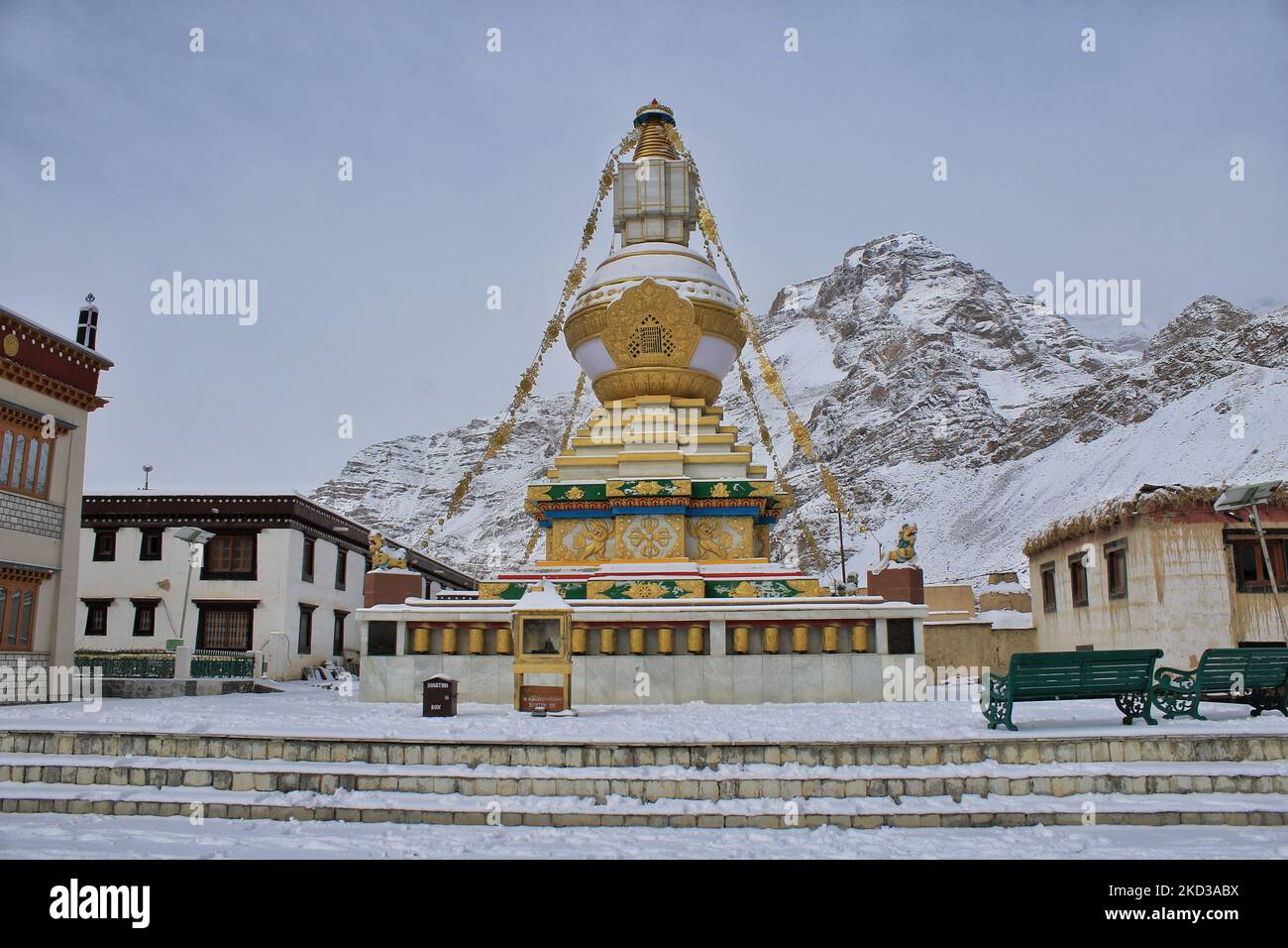 A view of oldest buddhist 'Tabo Monestry' during snowfall at Tabo ...