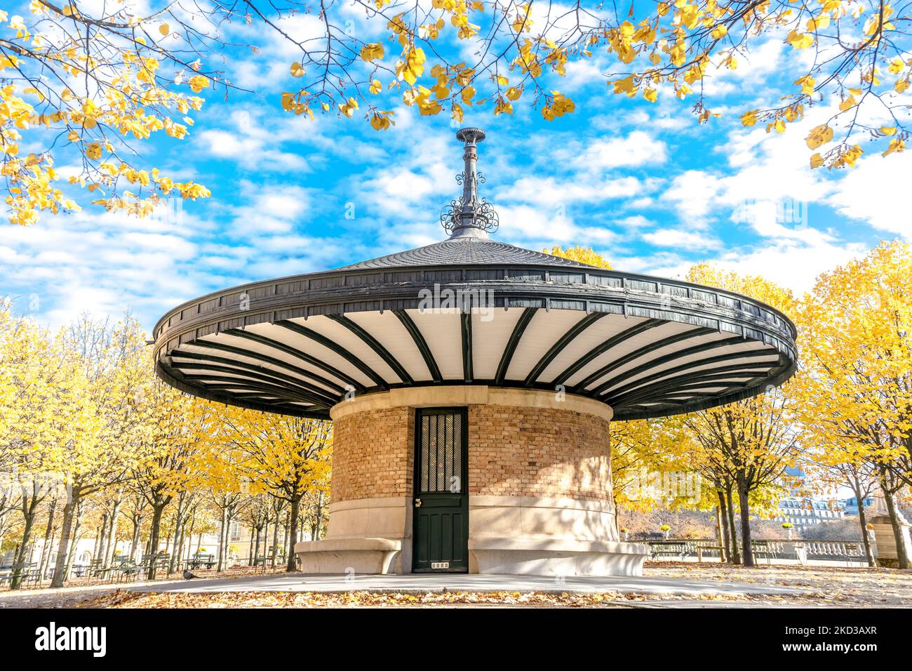 A low angle shot of a mushroom-shaped building in the Luxembourg Garden ...
