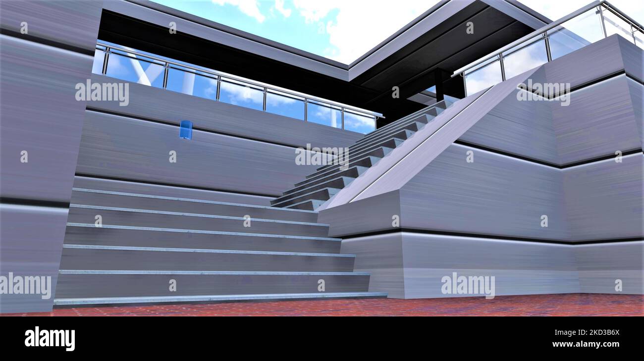 Convenient concrete staircase up from the courtyard of a stylish ...