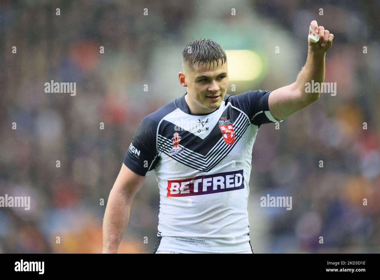WIGAN, UK: Jack Welsby of England gives a thumbs up during the 2021 ...