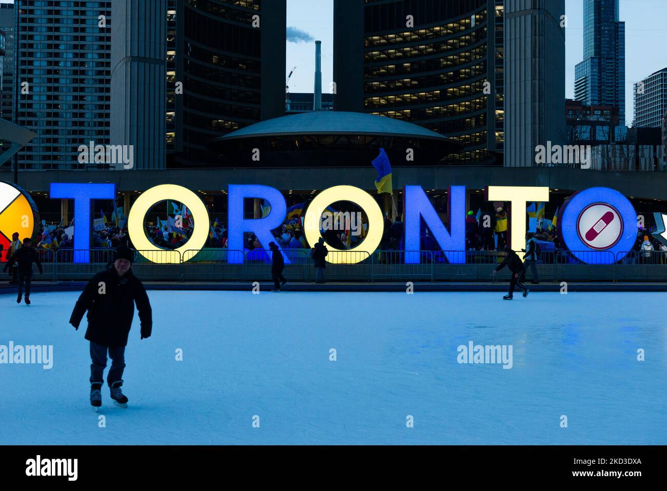 Toronto sign colored in ukraininan flag colors in Downtown Nathan ...