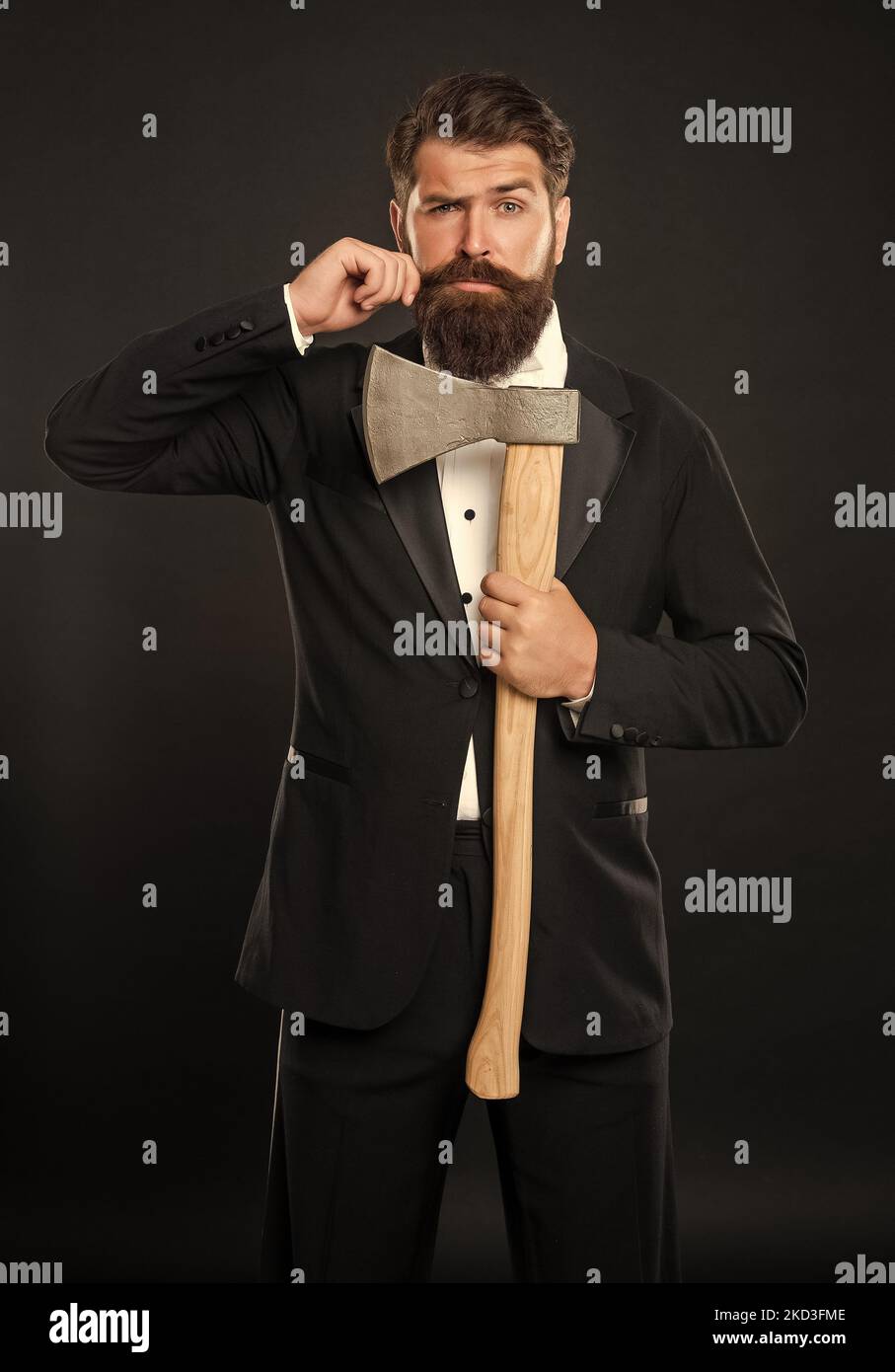 Barbershop. Bearded man twirl moustache. Brutal barber hold hatchet ...