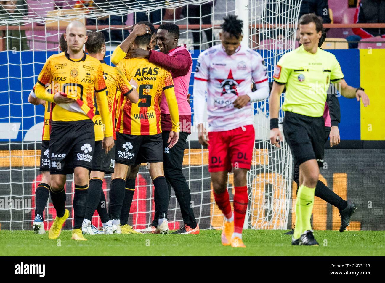 Mechelen's players celebrate after scoring during a soccer match ...