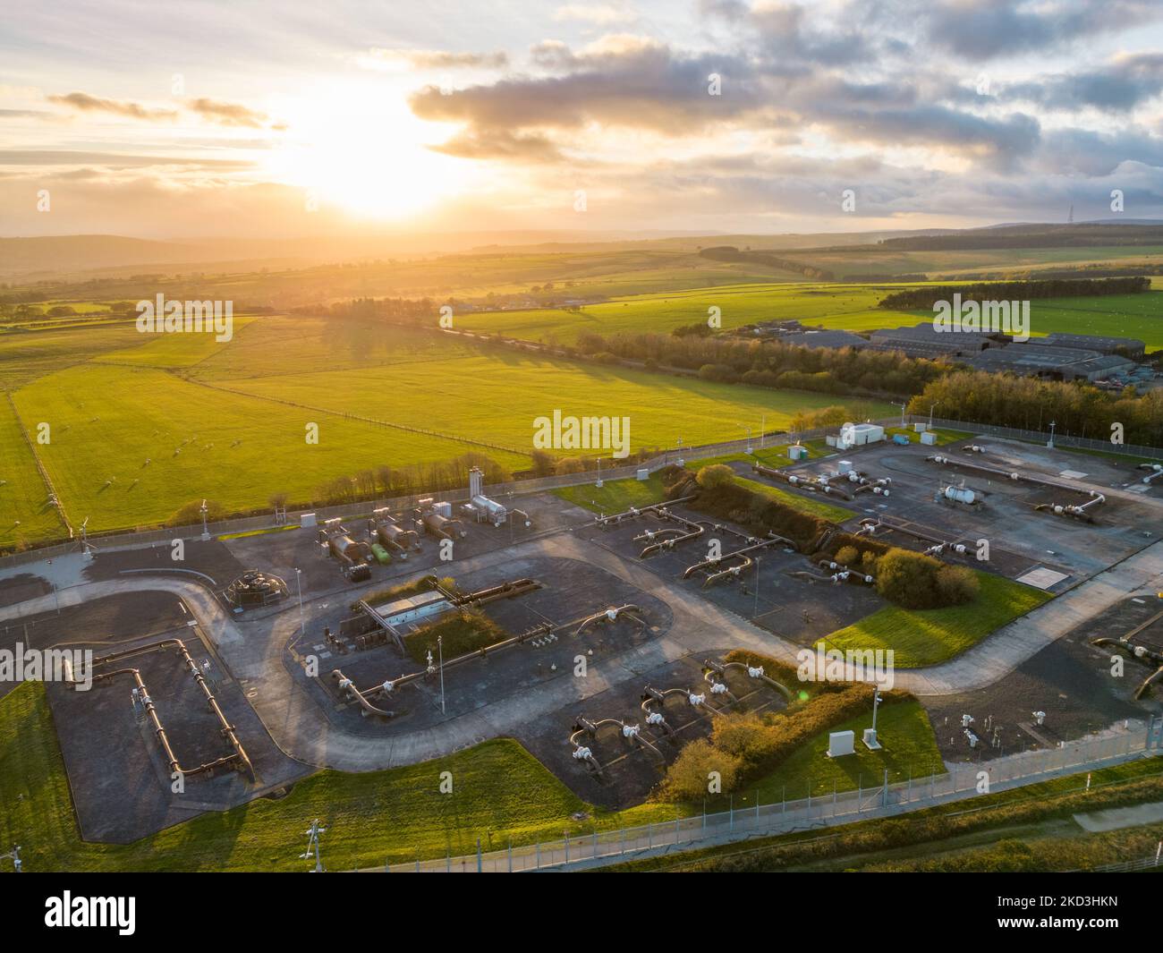 Aerial view of National Grid energy pipes in Pannal, North Yorkshire ...