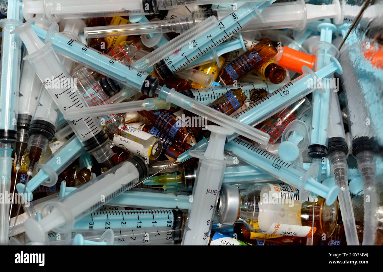 Cairo, Egypt, October 29 2022: medical waste of sharp needles, broken ... Cairo, Egypt, October 29 2022: medical waste of sharp needles, broken ...