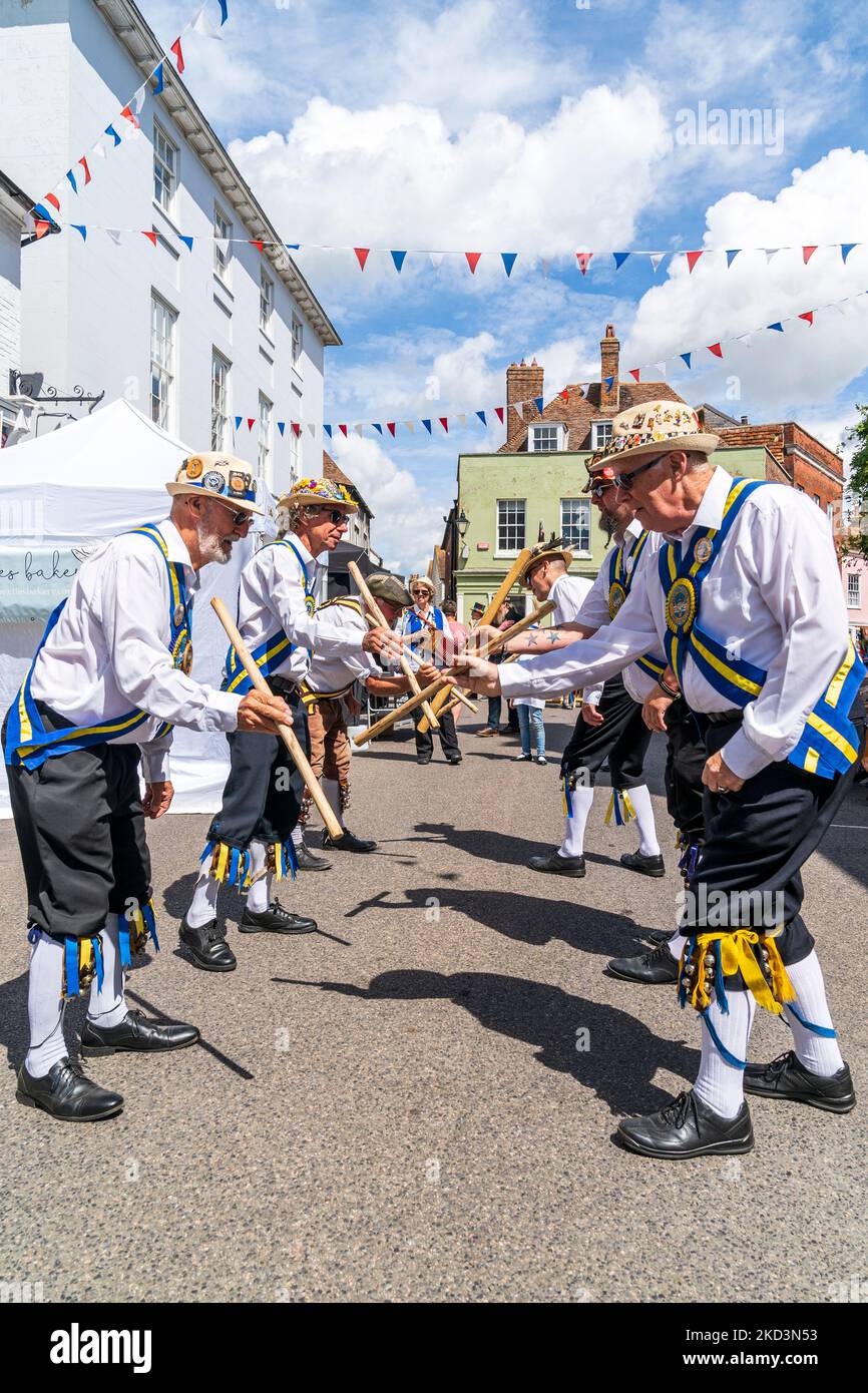Traditional folk Morris dancers, the Mumford Morris side, dancing in ...
