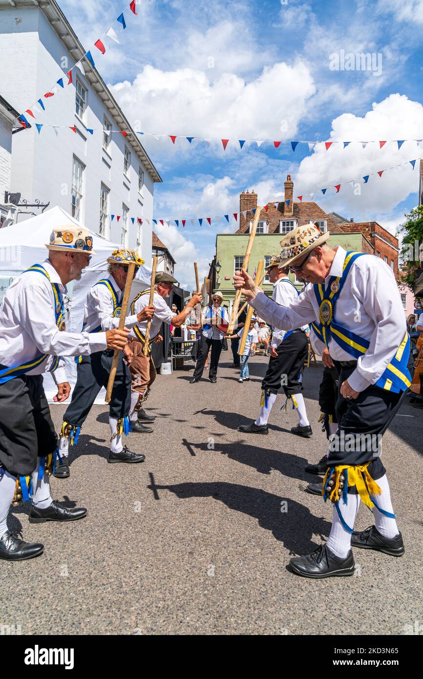 Traditional folk Morris dancers, the Mumford Morris side, dancing in ...