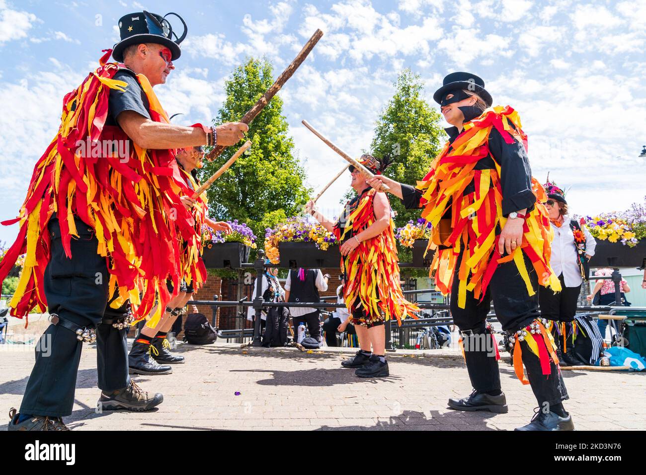 Traditional folk Morris dancers, Ragged Phoenix Morris side, dancing in ...