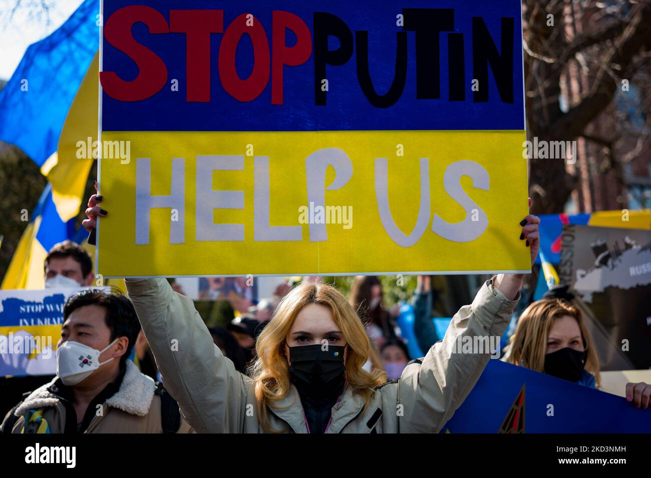 A Ukraine citizen holds a placard during a protest against Russia's ...