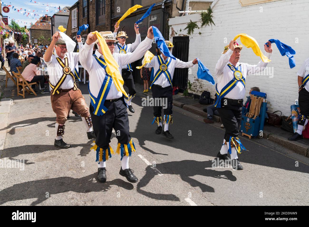 Traditional folk Morris dancers, the Mumford Morris side, dancing in ...