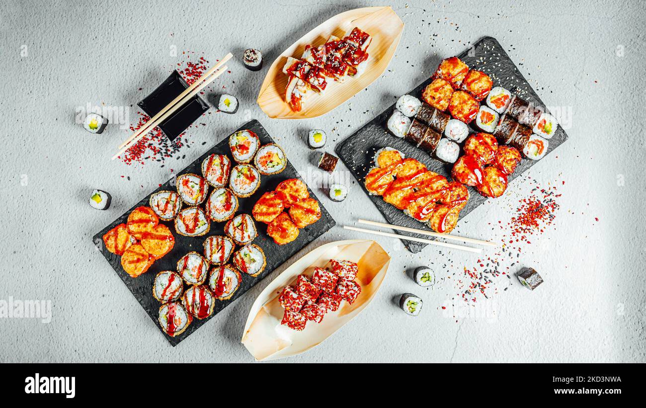A top view of a set of sushi on plates Stock Photo - Alamy