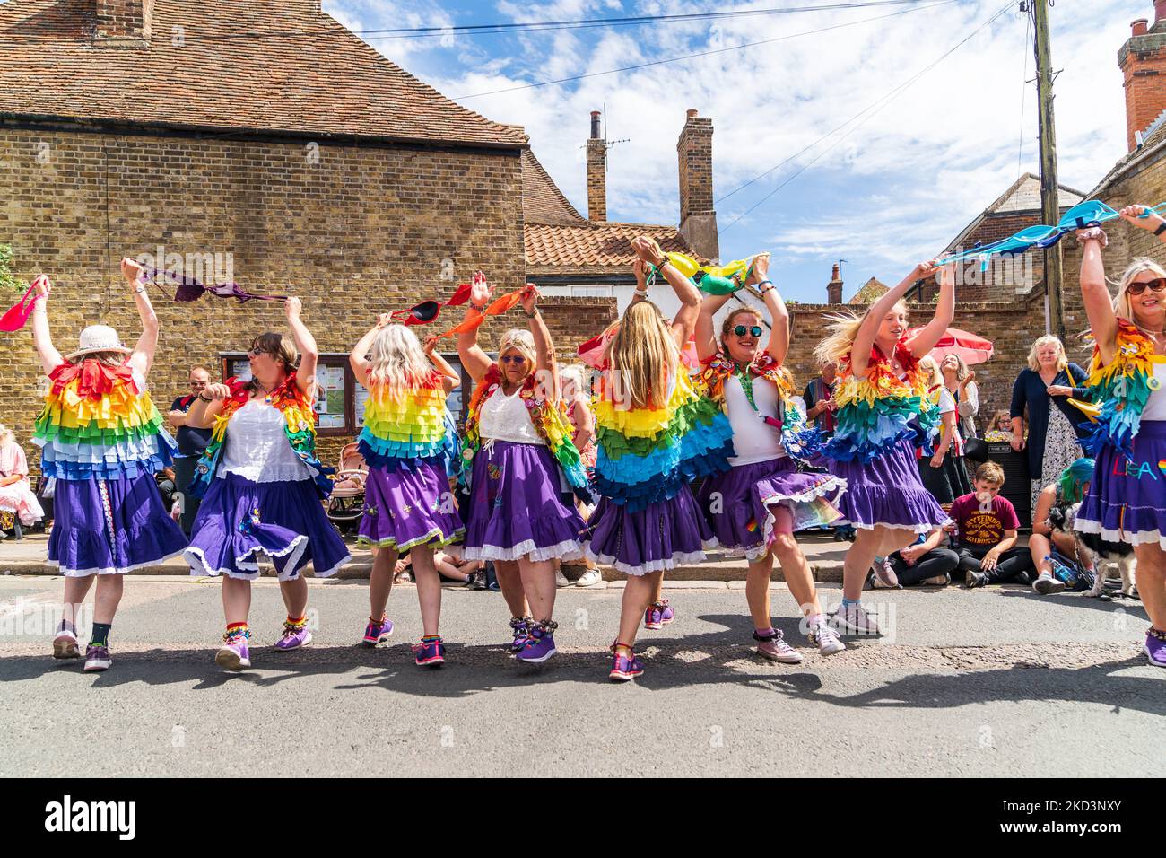 Traditional folk Morris dancers, the Loose Women Morris side, dancing ...