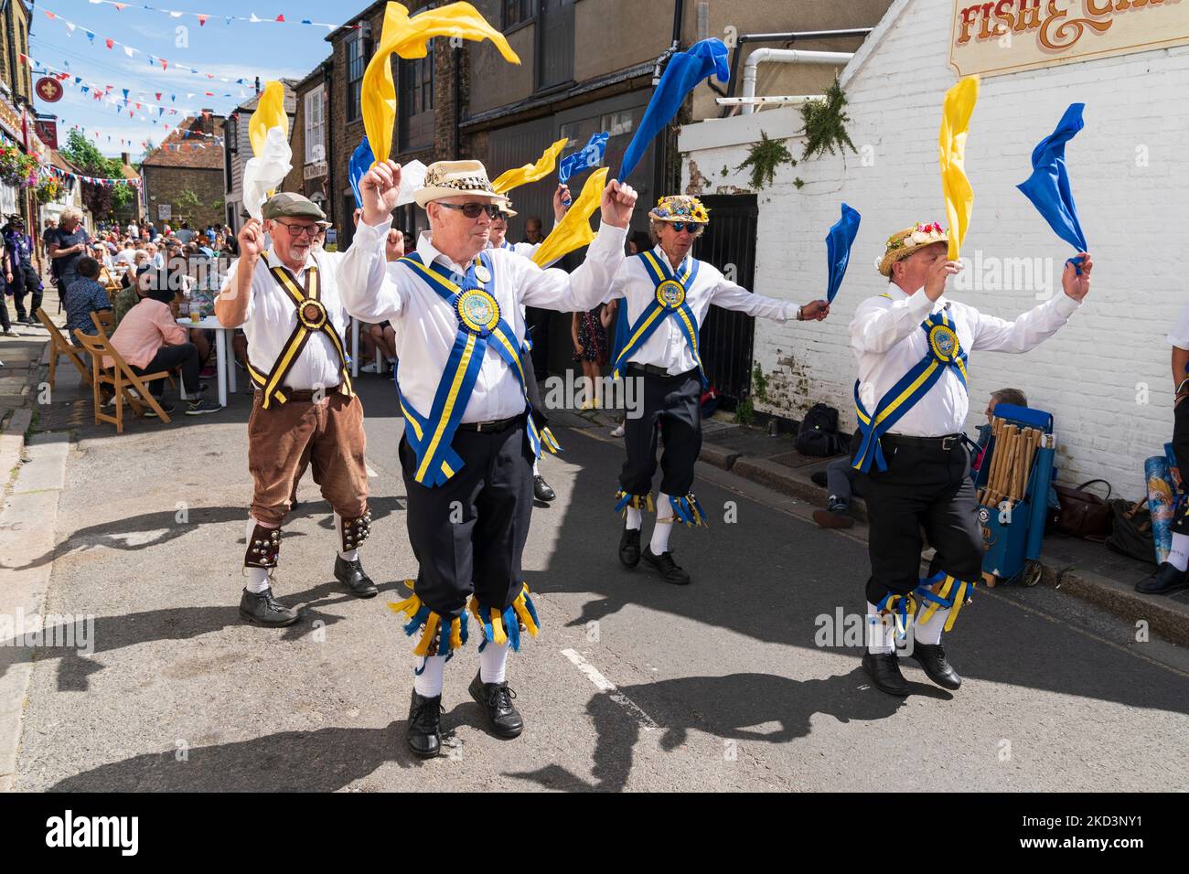 Traditional folk Morris dancers, the Mumford Morris side, dancing in ...