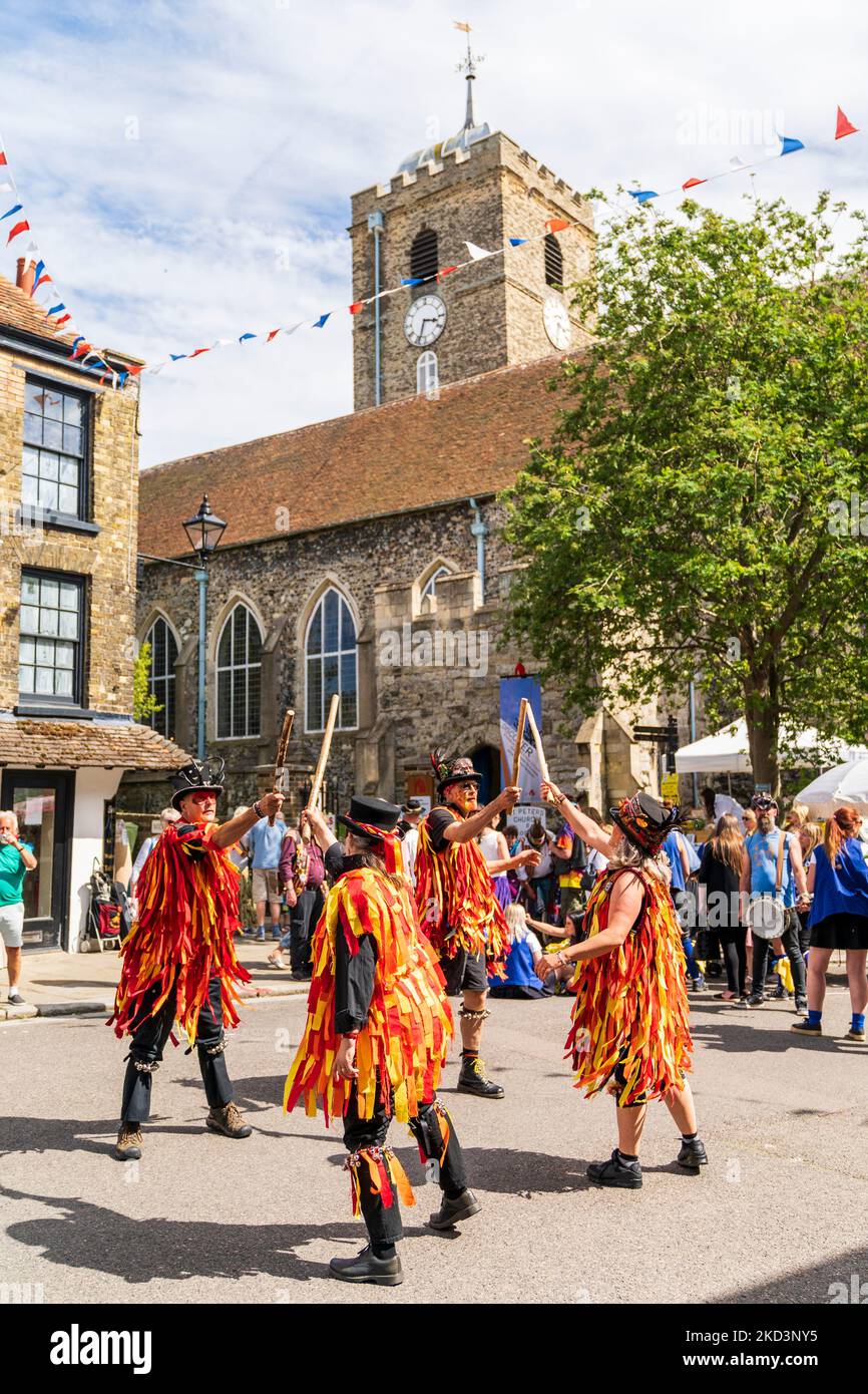 Traditional folk Morris dancers, Ragged Phoenix Morris side, dancing in ...