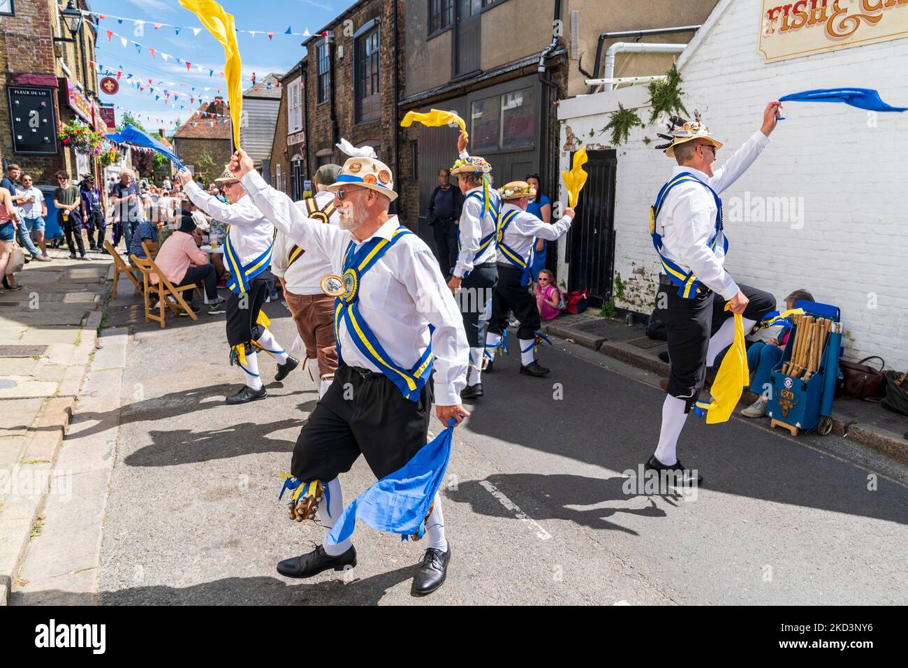 Traditional folk Morris dancers, the Mumford Morris side, dancing in ...