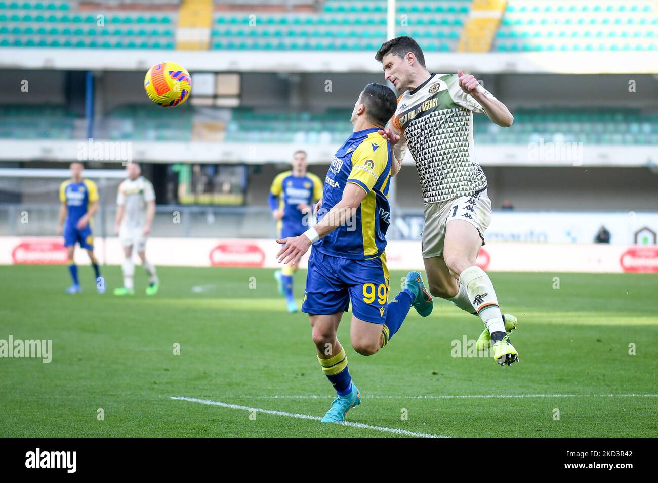 Veronas Giovanni Simeone In Action Against Venezias Mattia Caldara