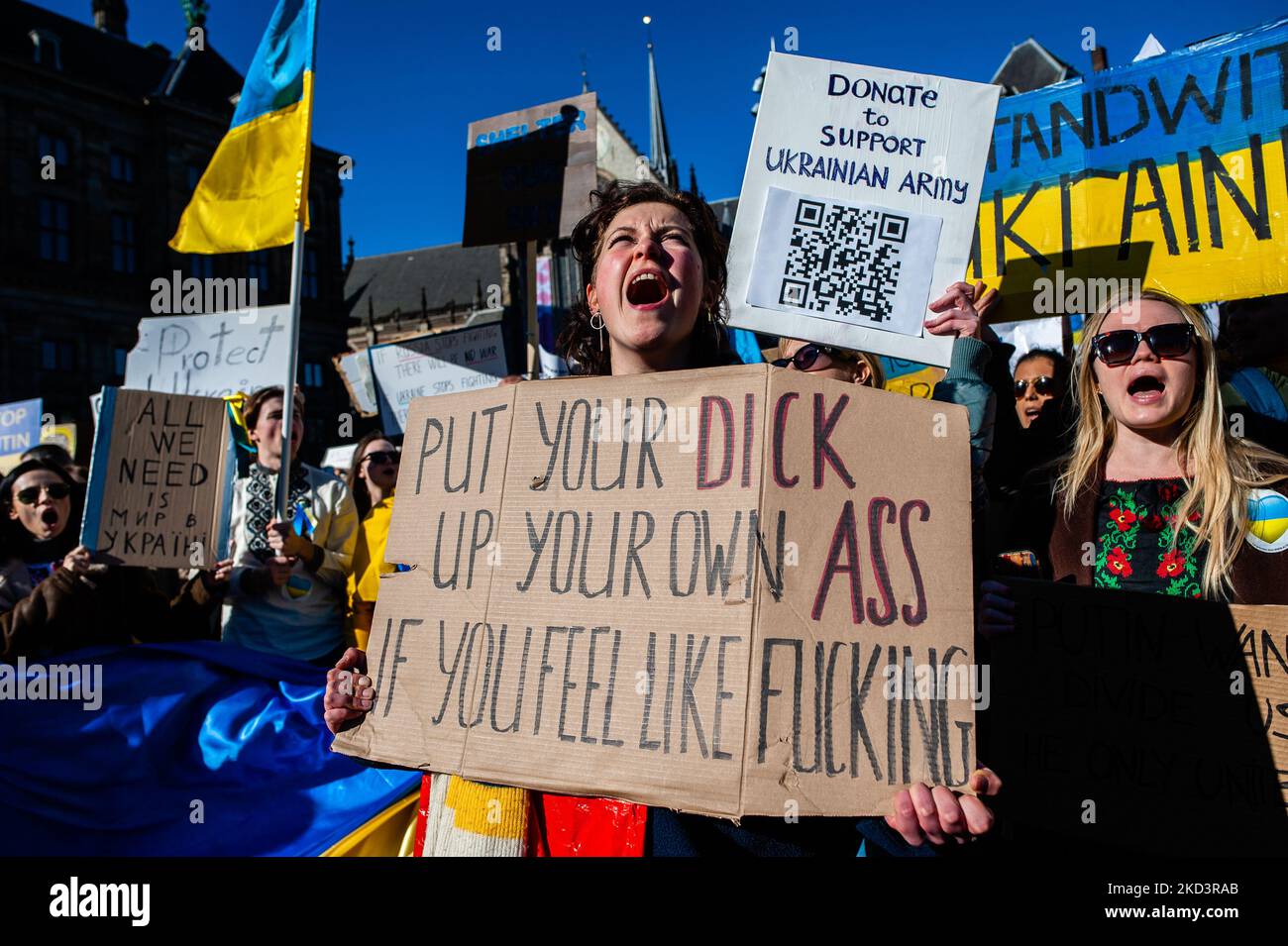 An Ukrainian woman is shouting slogans against Putin, during the ...