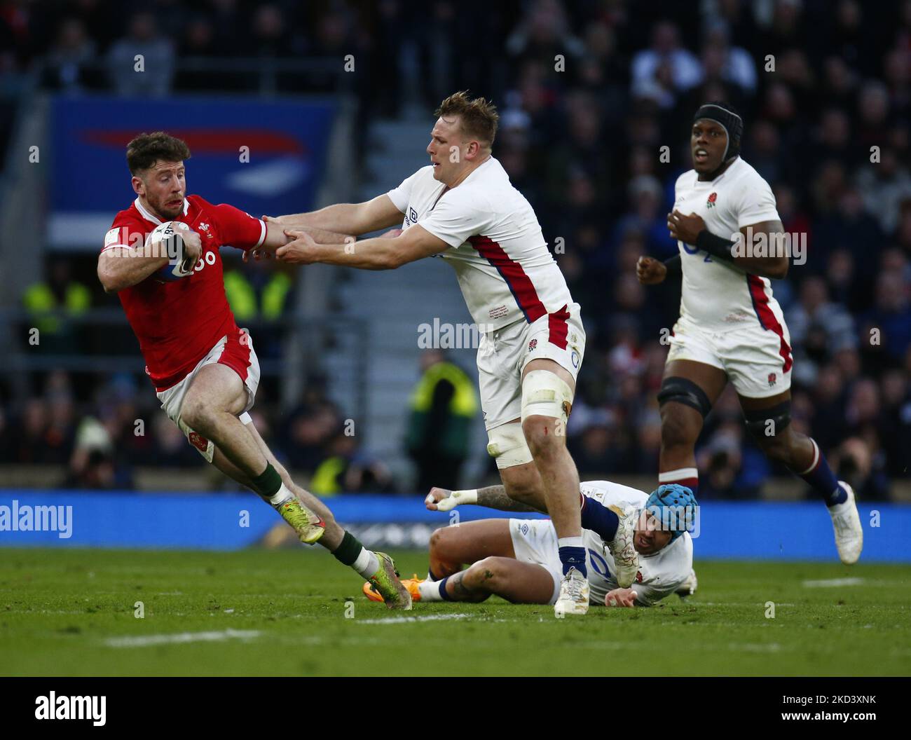 Alex Cuthbert of Wales makes his 50th cap for Wales gets tackled by ...