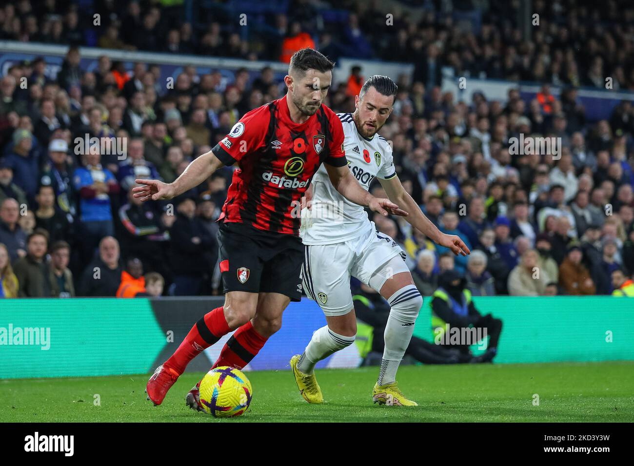 Jack Harrison #11 of Leeds United presses Lewis Cook #4 of Bournemouth ...