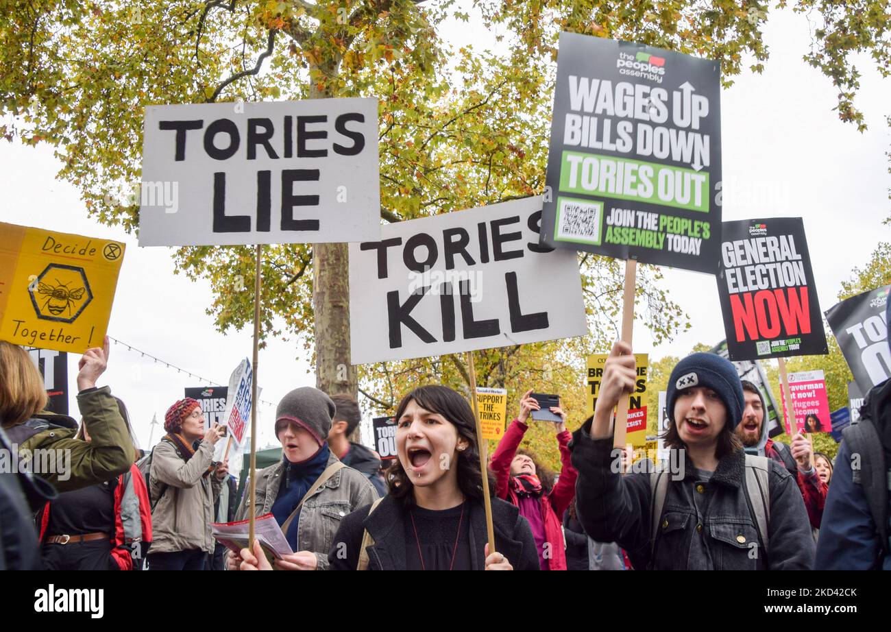 London, England, UK. 5th Nov, 2022. Protesters hold anti-Tory placards ...